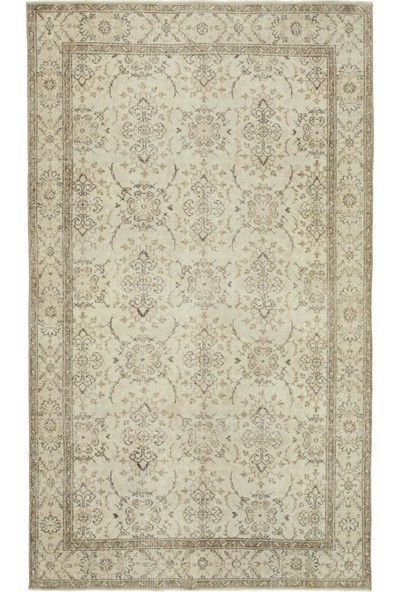 Bespoky Vintage Bej Eskitme Pamuk Yün El Dokuma Alan Halısı