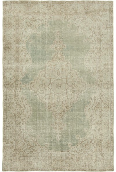 Bespoky Vintage Bej Eskitme Pamuk Yün El Dokuma Alan Halısı