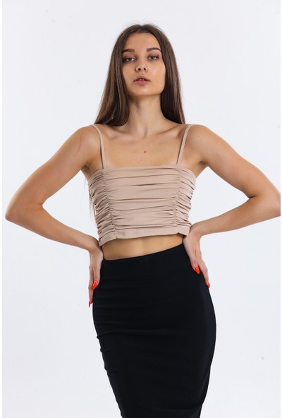 Viking Jeans Askılı Büzgülü Crop Bluz