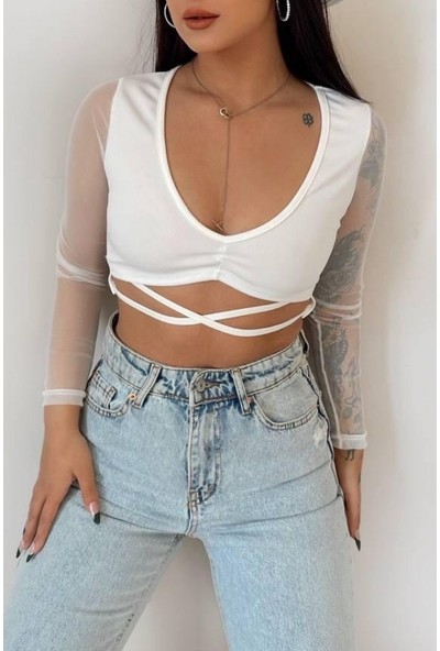 Çapraz Bel Kolları Tül Crop