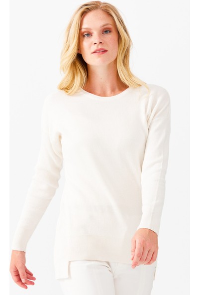 Desen Triko Kadın Önü Kısa Arkası Uzun Kazak Ekru