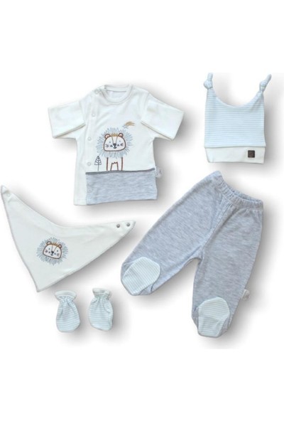 Hastane Çıkışı Aslanlı Erkek Bebek Mavi 5'li Takım PS9817 Hastane Çıkışı Aslanlı Erkek Bebek Mavi 5'li Takım PS9817