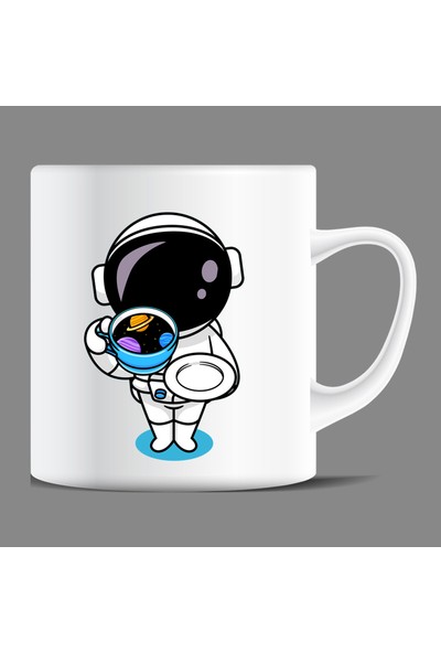 Red White Çift Taraflı Baskılı Porselen Seramik Sevimli Astronot Kahve Kupası