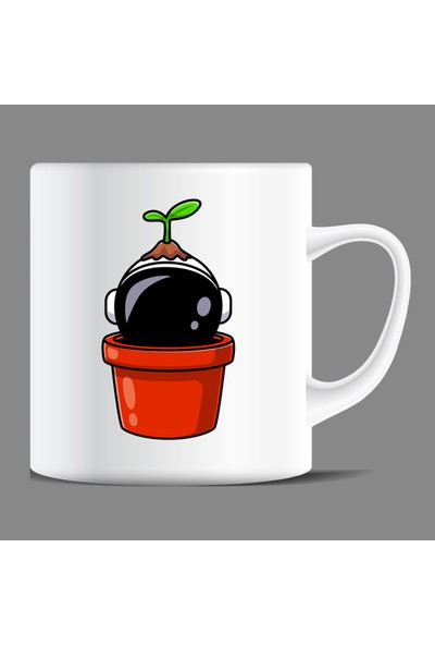 Red White Çift Taraflı Baskılı Porselen Seramik Sevimli Astronot Saksıda Kahve Kupası