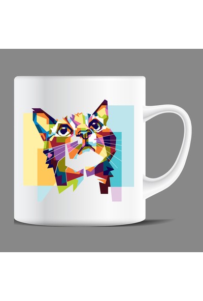 Red White Çift Taraflı Baskılı Porselen Seramik Pastel Ton Kedi Kahve Kupası
