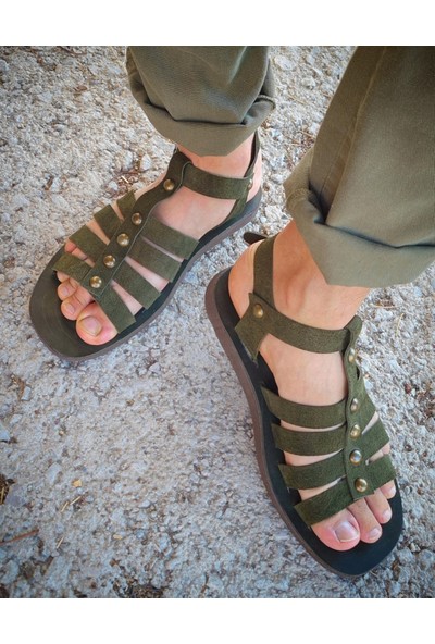 Haki Deri Erkek Bodrum Sandaleti