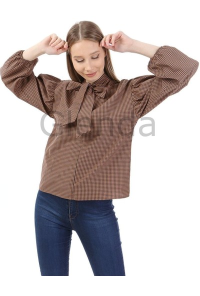 Glenda Ekose Poplin Bluz Kahverengi - 34