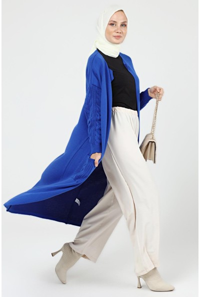 İlmek Kadın Kolu Saç Örgülü Çift Cepli Garnili Kışlık Kimono Hırka N4204