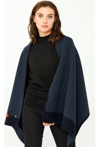 Desen Triko Kadın Çiçek Işlemeli Triko Şal K.lacivert