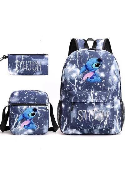 Stitch 3 Parça Öğrenci Sırt Çantası Set - Beyaz/mavi (Yurt Dışından)