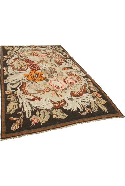 Bespoky Moldovian Floral Siyah Çiçekli Pamuk Yün Keçi Tüyü El Dokuma Alan Halısı