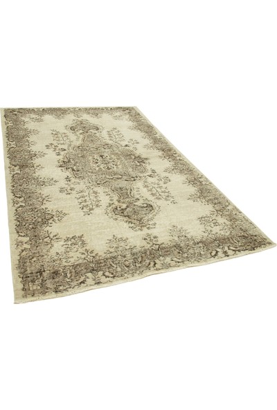 Bespoky Vintage Bej Eskitme Pamuk Yün El Dokuma Alan Halısı