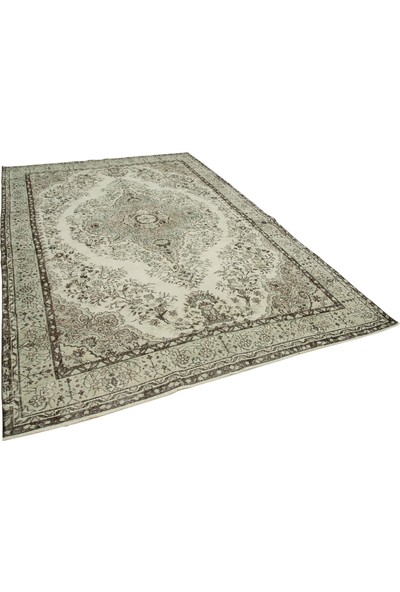 Bespoky Vintage Bej Eskitme Pamuk Yün El Dokuma Alan Halısı