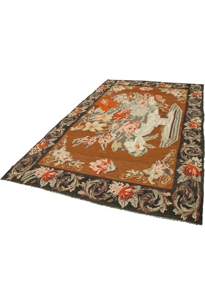 Bespoky Moldovian Floral Siyah Çiçekli Pamuk Yün Keçi Tüyü El Dokuma Alan Halısı