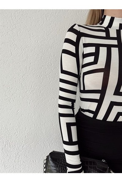 Desenli Balıkçı Bluz - Beyaz