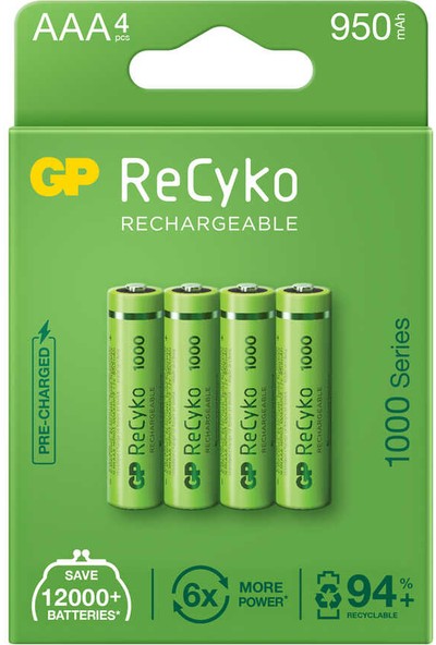 Gp Batteries Recyko 1000 Aaa Ince Kalem Ni-Mh Şarjlı Pil, 1.2 Volt, 4'lü Kart Gp Batteries Recyko 1000 Aaa Ince Kalem Ni-Mh Şarjlı Pil, 1.2 Volt, 4'lü Kart