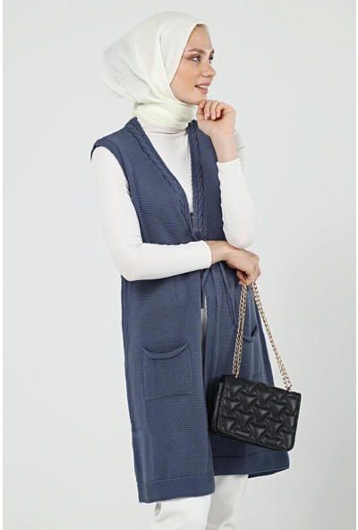 İlmek Kadın Bağcıklı Çift Cepli Triko Kolsuz Yelek N4130