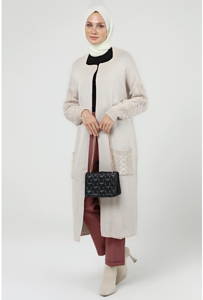 İlmek Kadın Kolu Saç Örgülü Çift Cepli Garnili Kışlık Kimono Hırka N4204