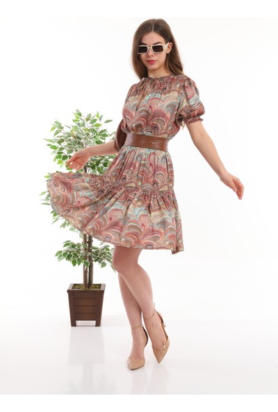 Nilavin V Yaka Kemerli Mini Elbise