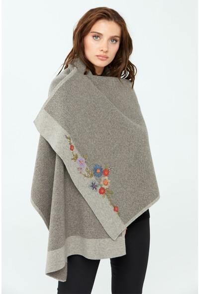 Desen Triko Kadın Çiçek Işlemeli Triko Şal Vizon
