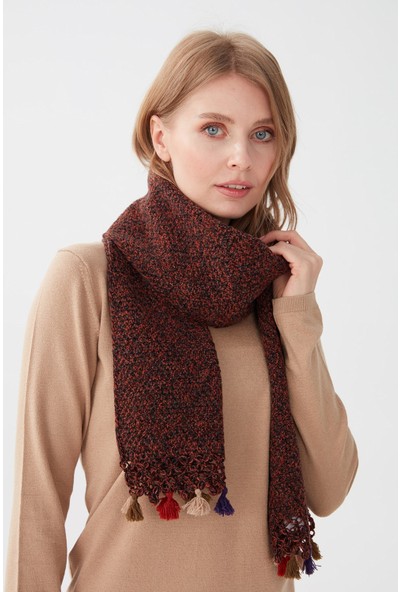 Desen Triko Kadın Kenarı Tığlamalı Püsküllü Yün Kaşkol Kiremit Desen Triko Kadın Kenarı Tığlamalı Püsküllü Yün Kaşkol Kiremit