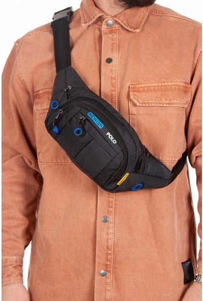 Newish Polo Unisex Kulaklık USB Çıkışlı Bel Omuz ve Göğüs Çantası Kumaş Bodybag Siyah Mavi