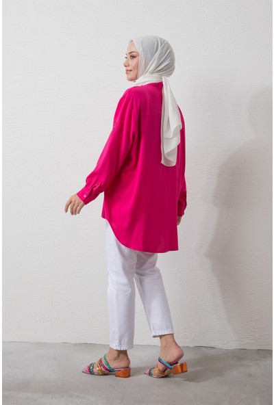 Modaala Palmiye Nakışlı Keten Tunik Fuşya
