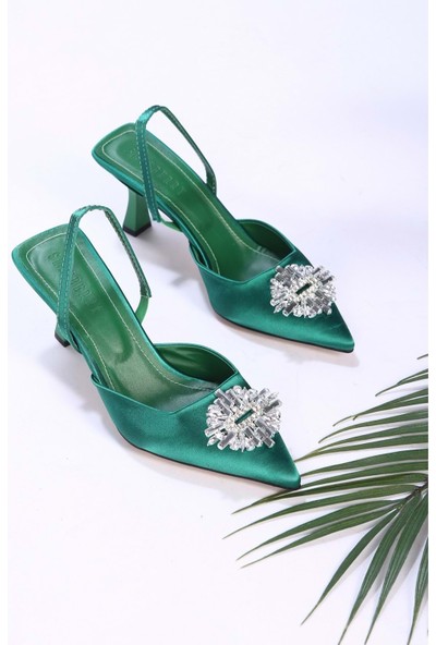 Shoeberry Kadın Zümrüt Yeşili Saten Taşlı Topuklu Ayakkabı