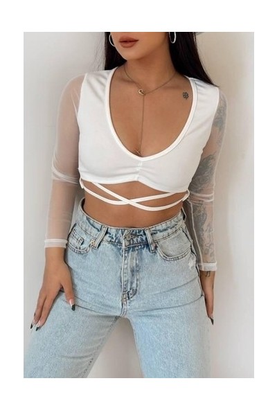 Ortaya Çık Çapraz Bel Kolları Tül Crop