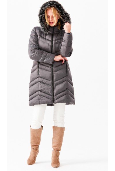 Desen Triko Kadın Kapitone Dalga Dikişli Uzun Kaban 1-5 Füme