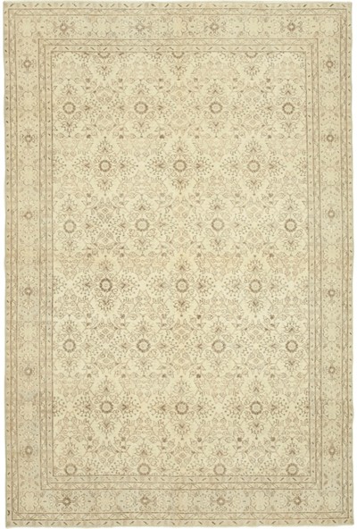 Bespoky Vintage Bej Eskitme Pamuk Yün El Dokuma Alan Halısı