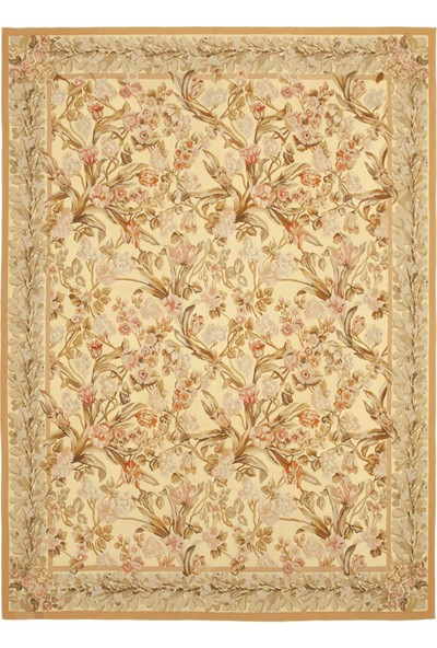 Bespoky Aubusson Floral Bej Çiçekli Pamuk Yün El Dokuma Alan Halısı
