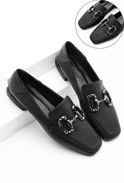 Marjin Kadın Loafer Zincir Tokalı Küt Burun Makosen Conlez