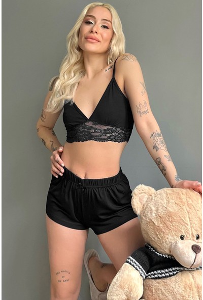 Pijama Evi Siyah Örme Bralet Şortlu Takım