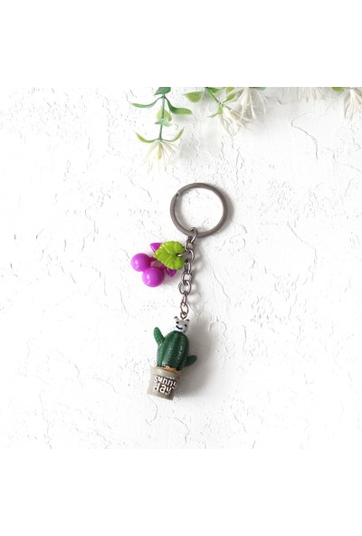 Bimotif Lila Meyveli, Gri Saksılı Kaktüs Anahtarlık