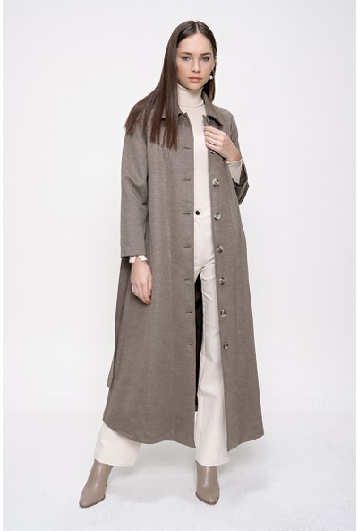 6112112 Düğmeli Belden Kuşaklı Manto