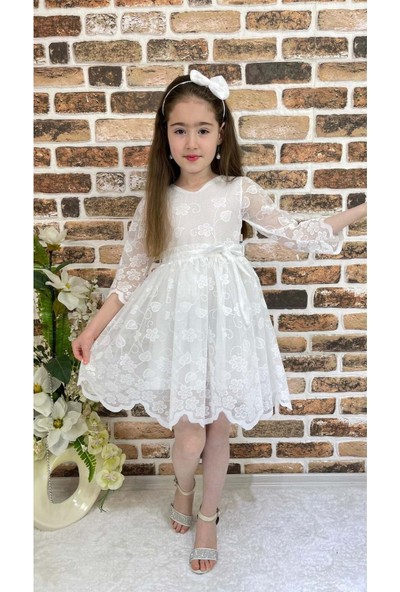 MNK Sarmaşık Motif Kız Çocuk Dantel Yazlık Uzun Kol Elbise