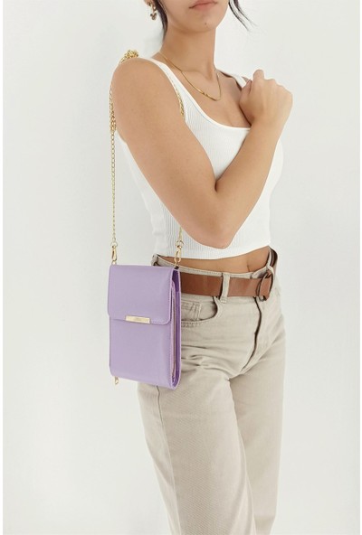Düz Deri Zincirli Telefon Çanta Mor TRÇANTA1500