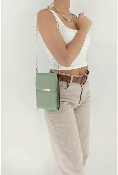 Düz Deri Zincirli Telefon Çanta Su Yeşili TRÇANTA1500