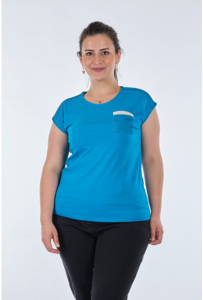 Desen Bisiklet Yaka Düşük Kol Turkuaz Kadın Bluz 22122772