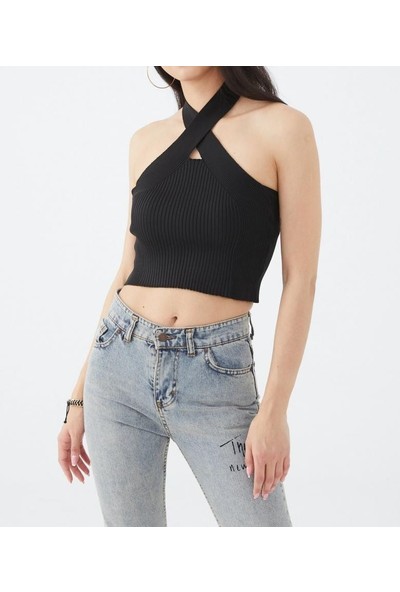 Gettexs Kadın Çapraz Yaka Omuz Dekolteli Triko Bluz