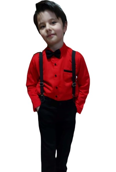 Cinarium Erkek Çocuk Gömlek Pantolon Askılı Papyonlu Takım - 0222YEKP - Kırmızı - 2 Yaş