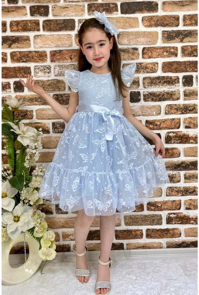 MNK Kelebek Motif Dantel Tokalı Kız Çocuk Elbisesi