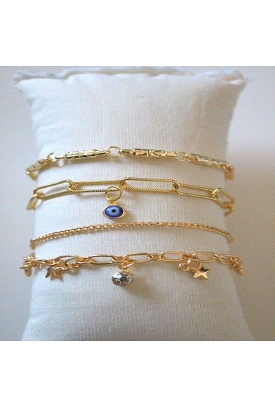 Asa Accessory 4'lü Nazar Boncuklu Yıldız ve Tektaş Figürlü Zincir Kadın Bileklik