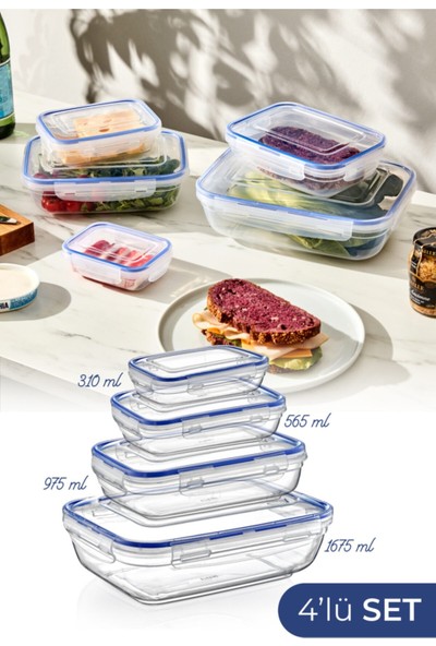 Alin Shop Avantajlı 4'lü Contalı Dikdörtgen Set ( 310,565,975,1675 ml ) Sızdırmaz Saklama Kabı Şeffaf ALN30474 Alin Shop Avantajlı 4'lü Contalı Dikdörtgen Set ( 310,565,975,1675 ml ) Sızdırmaz Saklama Kabı Şeffaf ALN30474