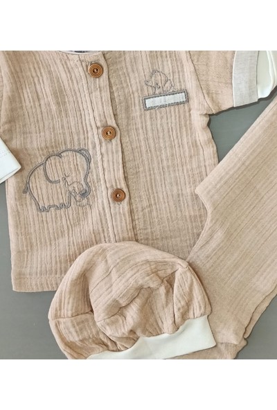 Fil Nakışlı Müslin Kumaş Şapkalı Erkek Bebek Rahat Takım