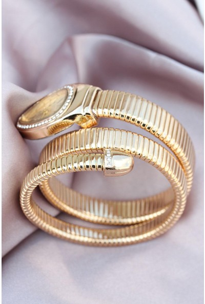 Markaden Yeni Sezon Roma Rakamlı Gold Renk Taşlı Yılan Model Kadın Saat Markaden Yeni Sezon Roma Rakamlı Gold Renk Taşlı Yılan Model Kadın Saat