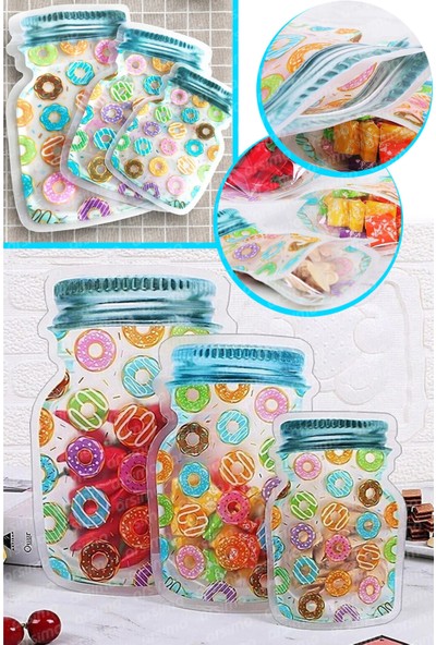 Kavanoz Görünümlü Kilitlenebilir Buzdolabı Saklama Poşeti Seti Donut Desenli 3’lü Set Kavanoz Görünümlü Kilitlenebilir Buzdolabı Saklama Poşeti Seti Donut Desenli 3’lü Set