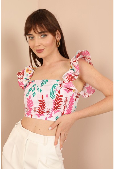 Kare Yaka Kısa Kadın Bluz-Fuşya