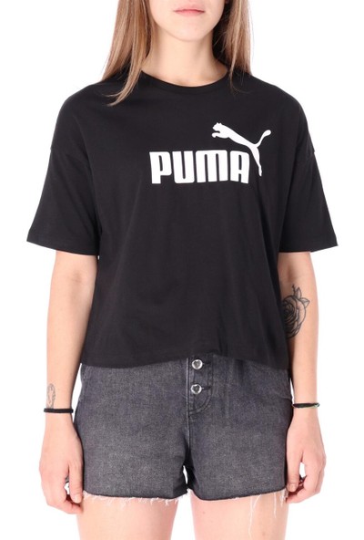 Puma Ess Cropped Logo Tee - Kadın Kısa Kesim Pamuklu Siyah T-Shirt - 586866 01